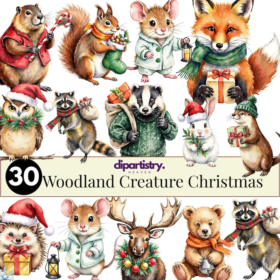 Woodland Creature Christmas Clipart Bundle Cute Forest Animal Holiday ...