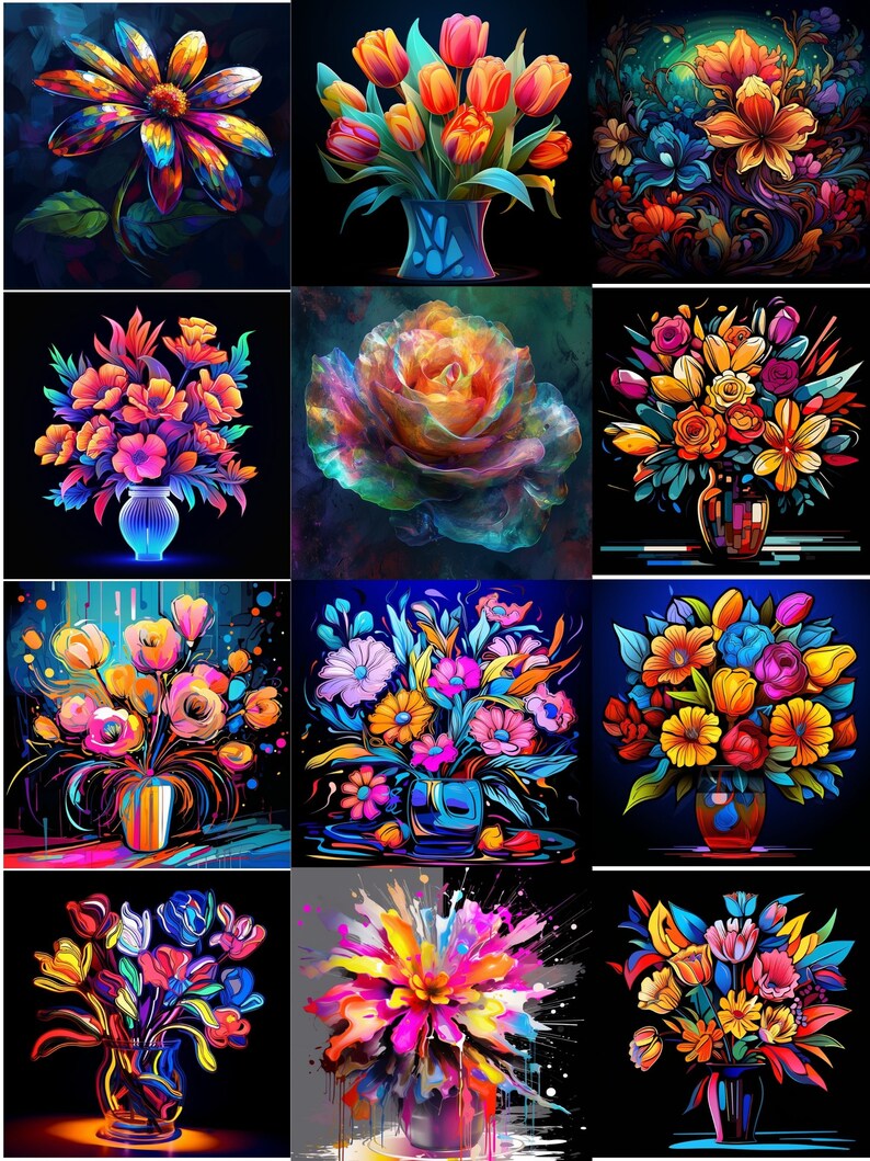 Neon Glow Floral Clipart Collection - Luminous Bouquet Art, Electric ...