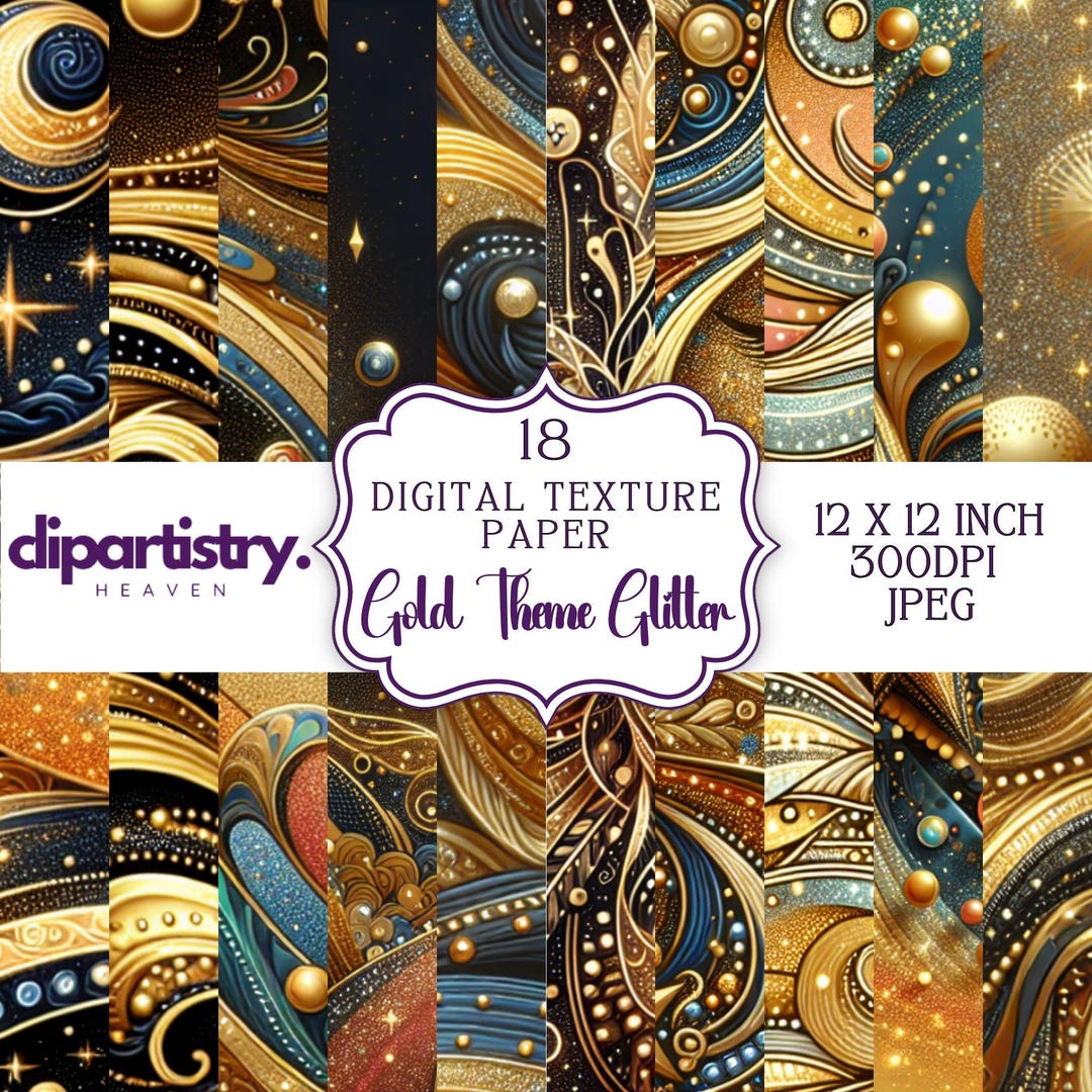 Gold Glitter Digital Paper Bundle 18 Luxury Designs With Stars, Swirls ...