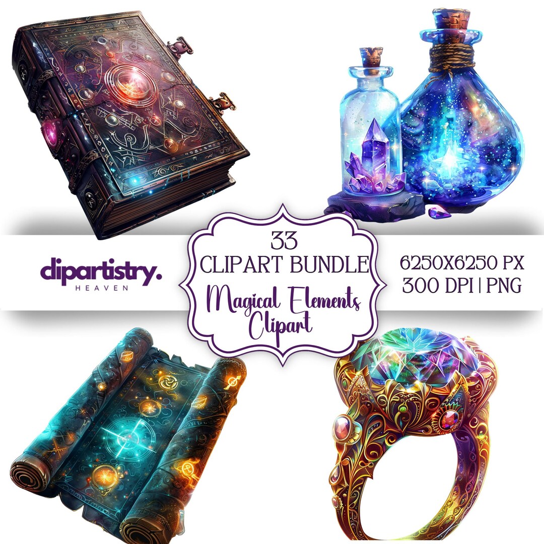 Magical Elements Clipart Bundle: Wands, Spellbooks, Crystals ...