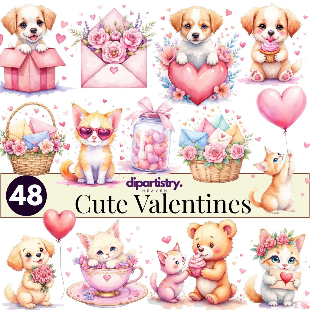 Cute Valentine Clipart Bundle | 48 PNG | Puppy & Kitten Love Clipart ...