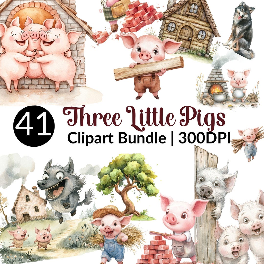Three Little Pigs Clipart Fairy Tale Cute Pig PNG Big Bad Wolf Nursery ...