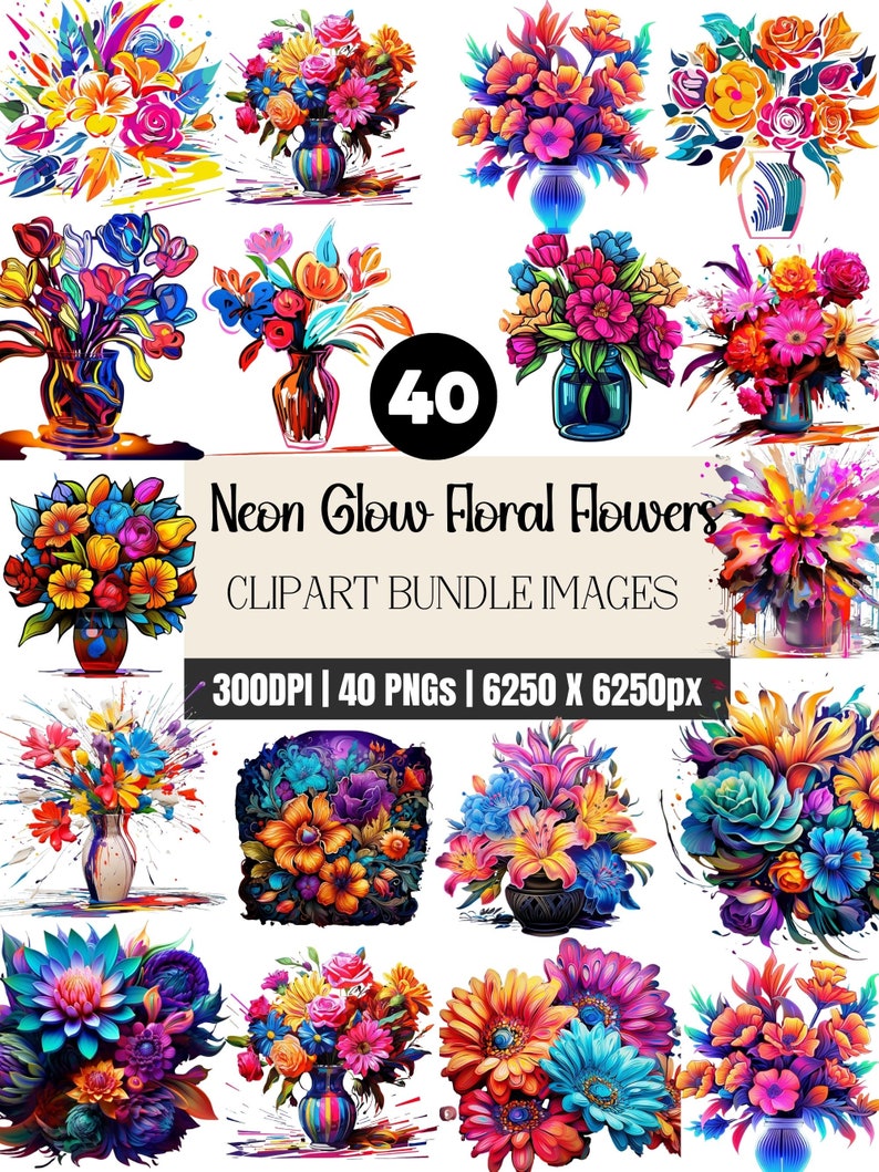 Neon Glow Floral Clipart Collection - Luminous Bouquet Art, Electric ...