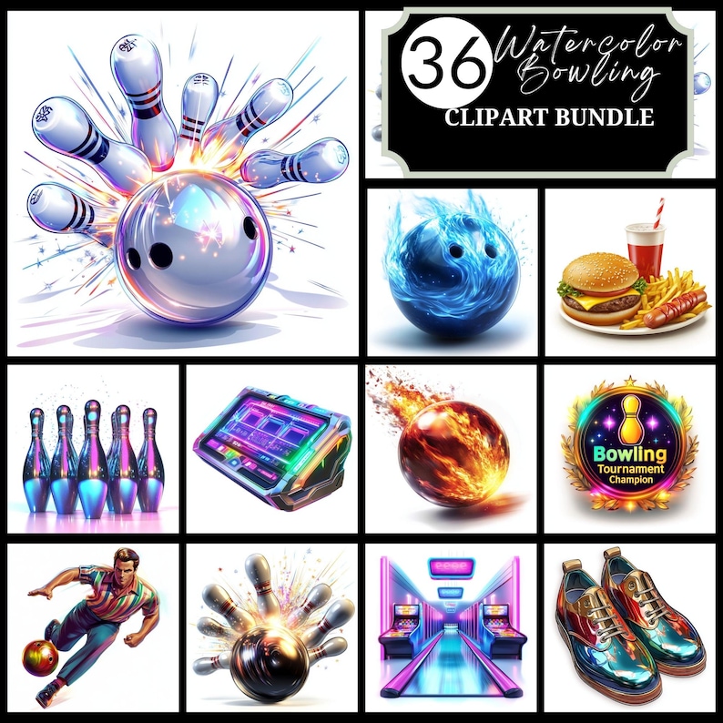 Retro Bowling Watercolor Bowling Clipart Bowling Ball and Pins PNG ...