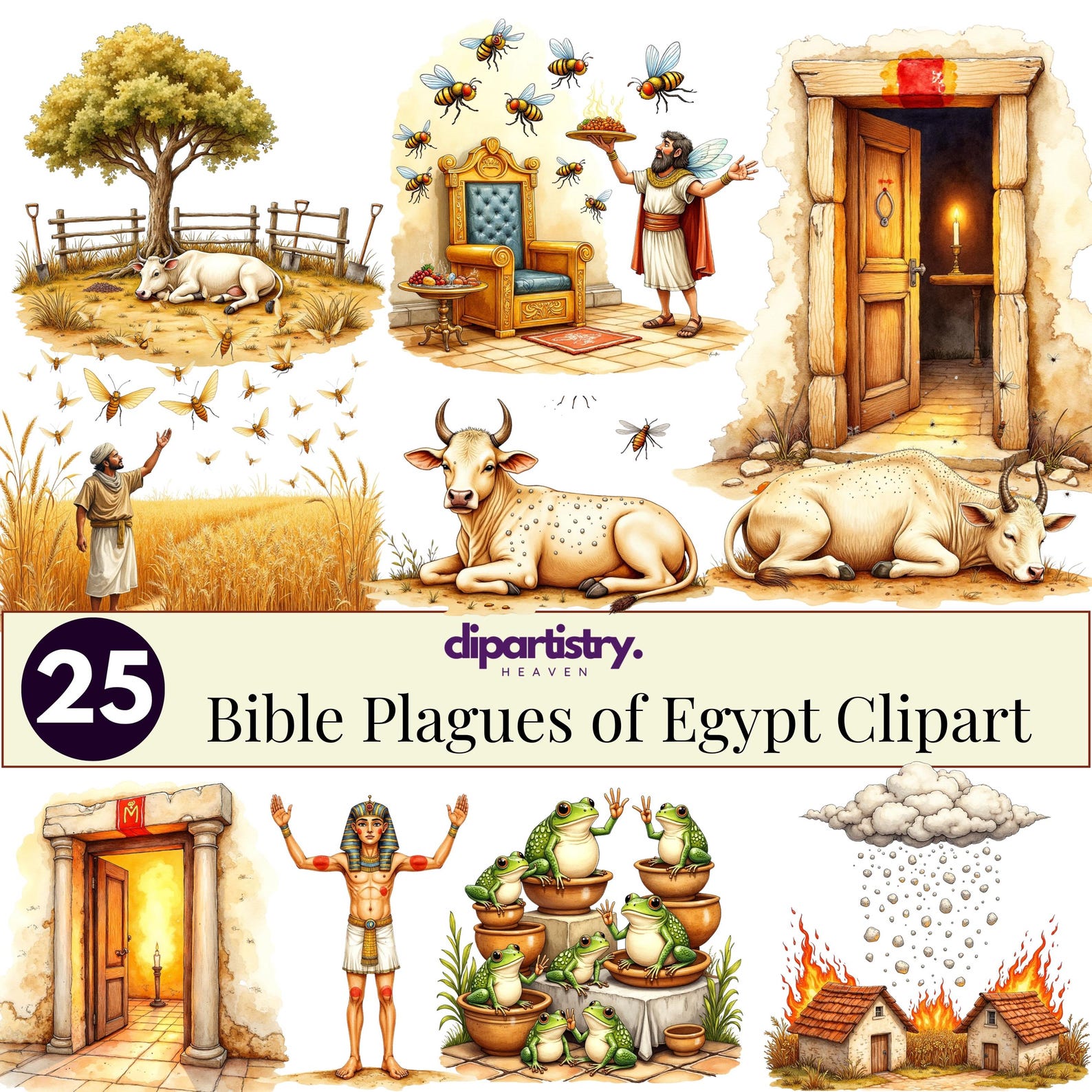 Bible Plagues of Egypt Clipart Set, 24 PNG, Ten Plagues Illustrations ...