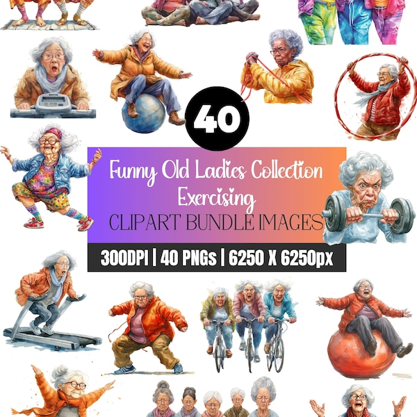Funny Old Ladies Clipart, Watercolor Cartoon Grandma Png, Cheerful ...