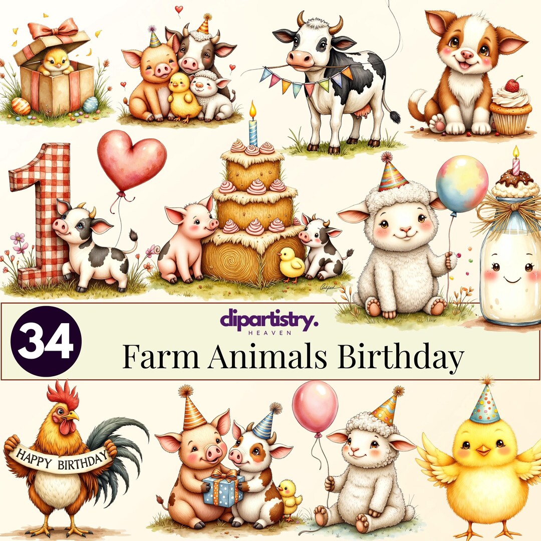 Farm Animals Birthday Clipart Bundle – 34 Cute Baby Farm Animal Pngs ...