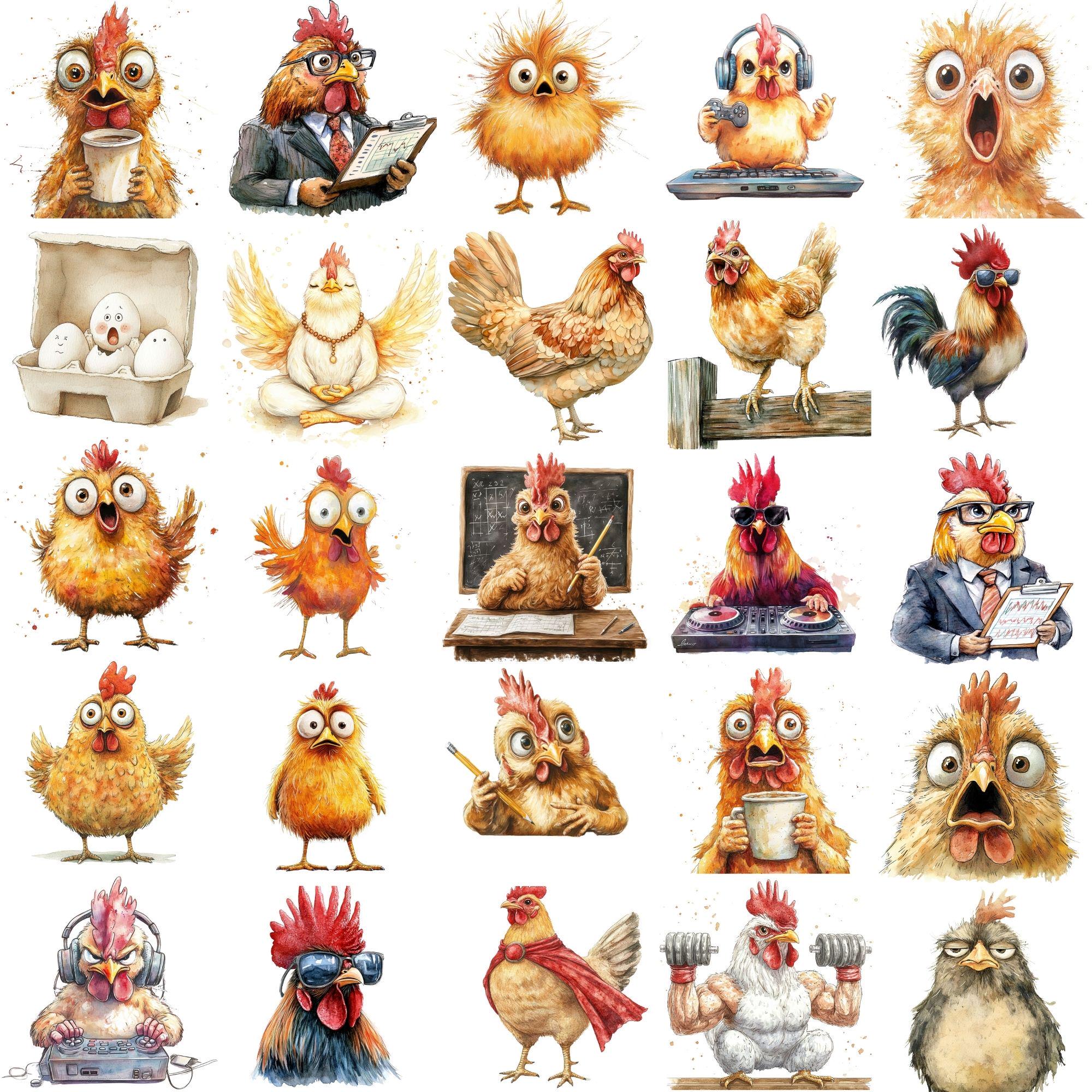 Crazy Chicken Clipart Bundle, Funny Rooster PNG, Farmhouse Chicken Art ...