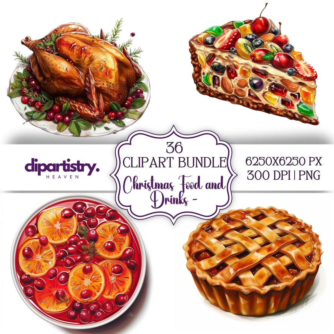 Christmas Food Clipart Pack, 36 Pngs of Desserts & Beverages, Festive ...