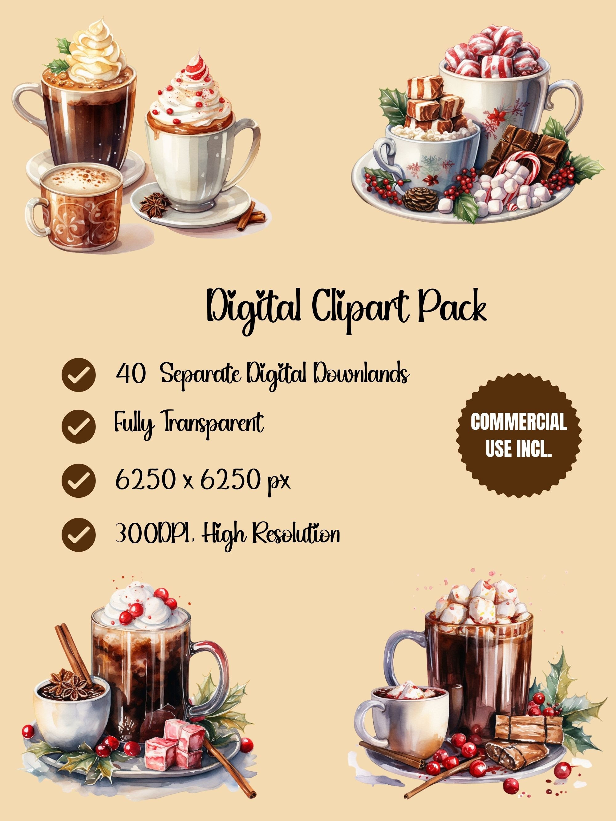 Watercolor Hot Chocolate Clipart, 40 PNG Hot Chocolate Clipart Digital ...