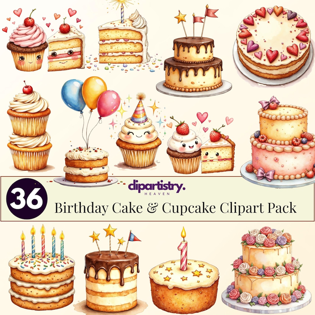 Birthday Cake & Cupcake Clipart Pack, Cute Kawaii Dessert Graphics ...