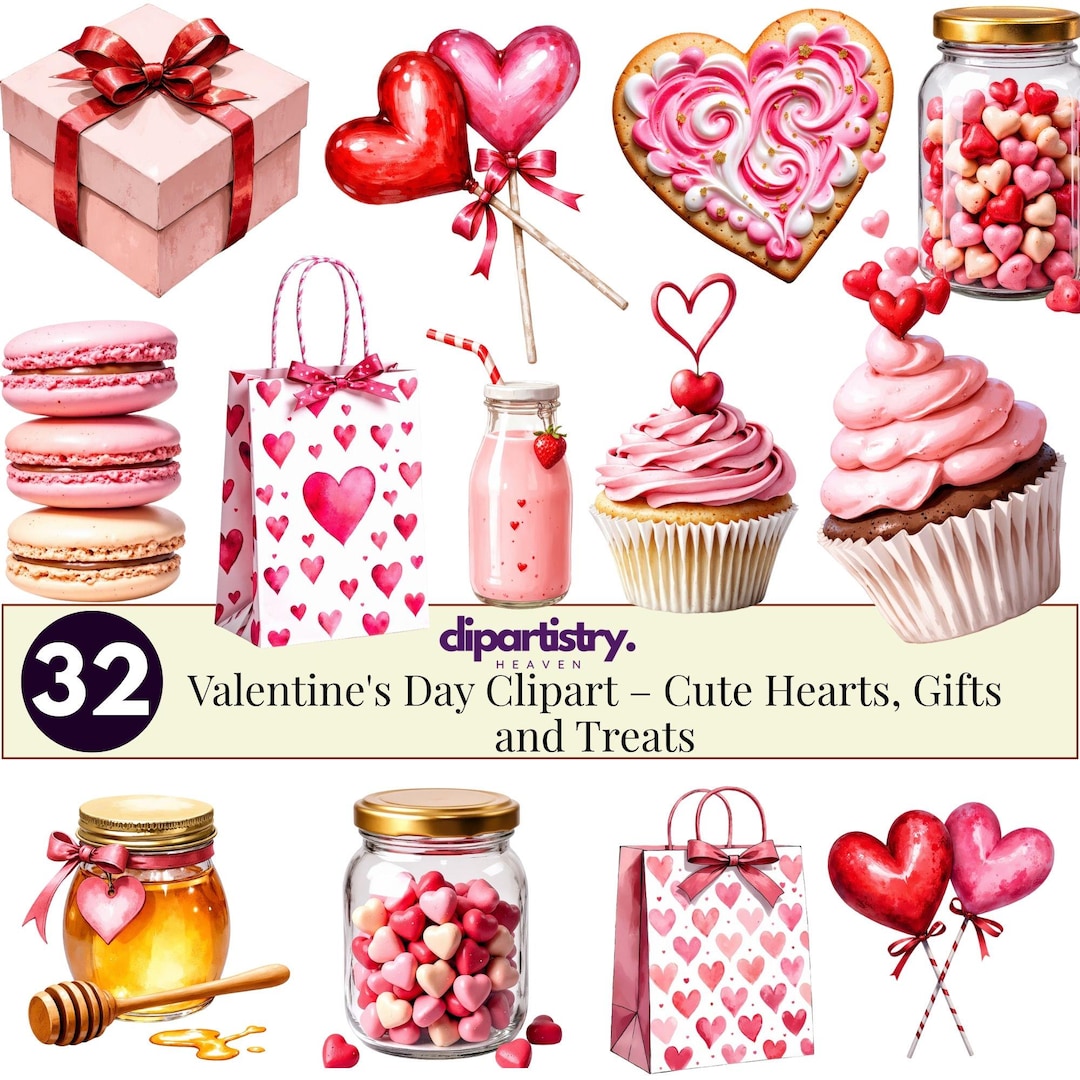 Watercolor Valentine's Day Clipart | Pink Sweets PNG Set (digital ...