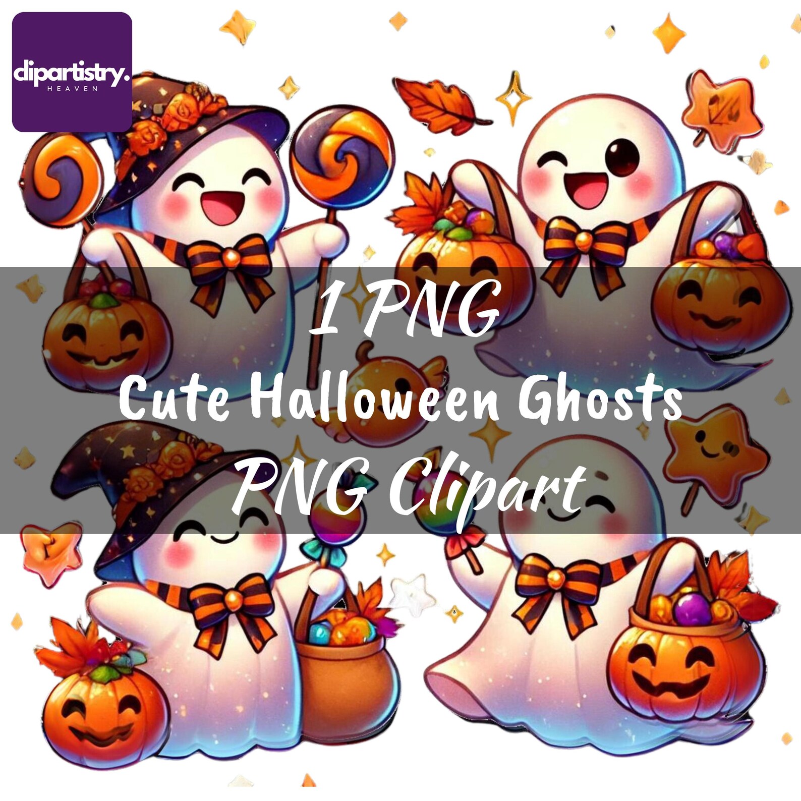 Cute Halloween Ghosts Digital Art for Kids Whimsical Pumpkins and Candy ...
