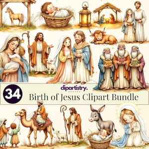 Birth of Jesus Clipart Bundle: 34 PNG Nativity Scene Images, Baby Jesus ...