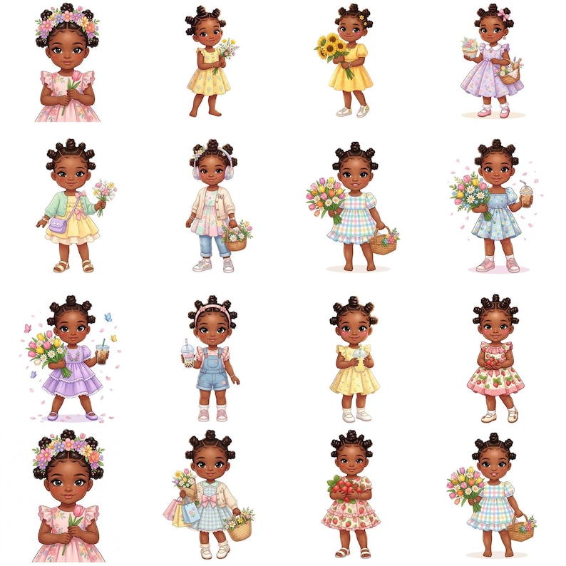 Spring Black Girl Bantu Knots Clipart Bundle Cute Melanin Girl Spring ...