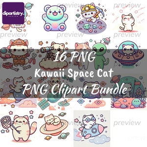 Kawaii Space Cat Clipart Set 16 PNG Files, 300 DPI, Transparent ...