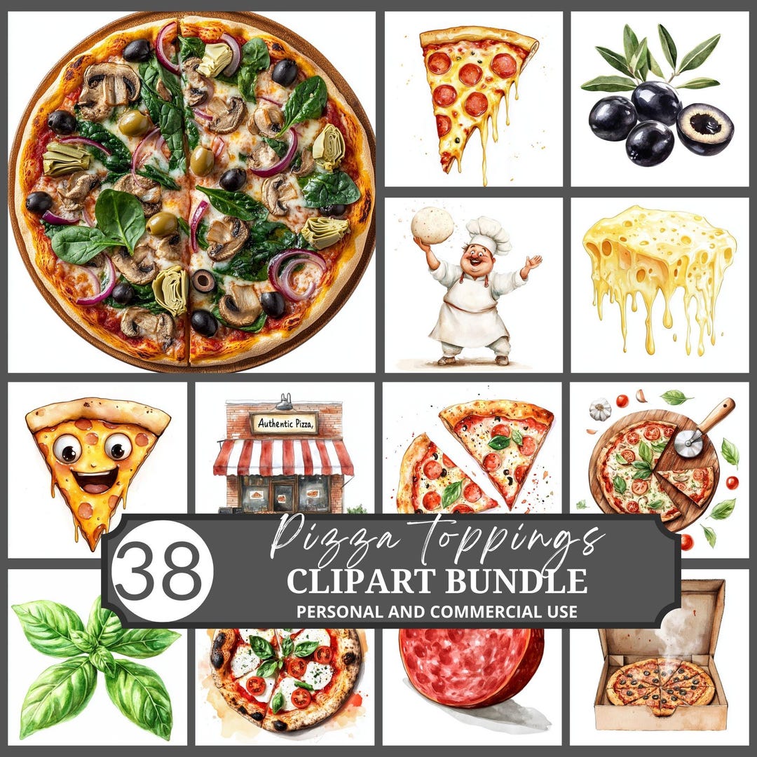 Pizza Toppings Clipart, Watercolor Pizza Slice PNG, Pepperoni Cheese ...