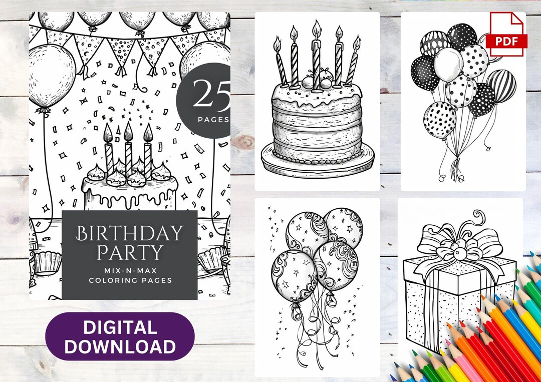 Birthday Party Coloring Book, 25 Fun Pages for Kids, Digital Download ...