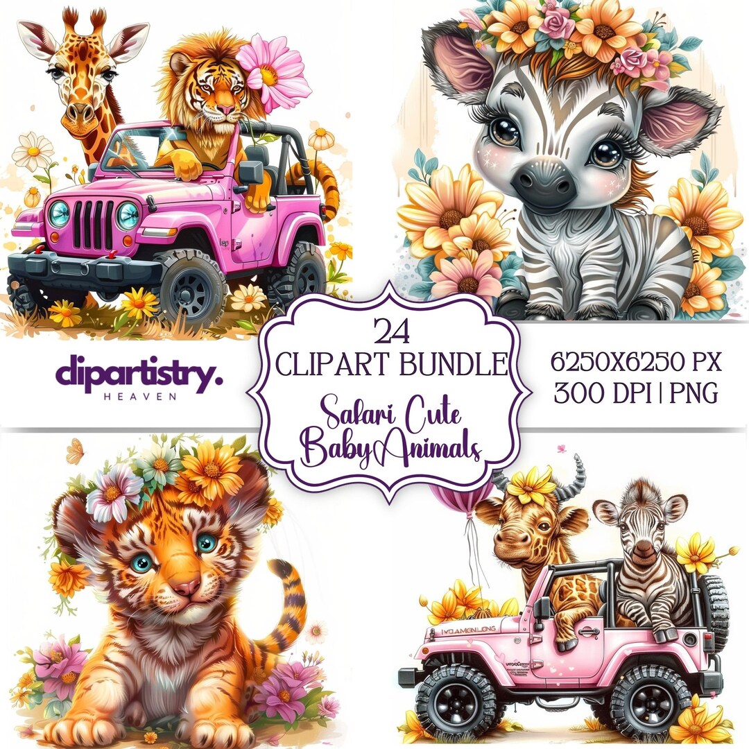 Safari Clipart PNG Bundle, Adorable Girl Jungle Animals, Watercolor ...