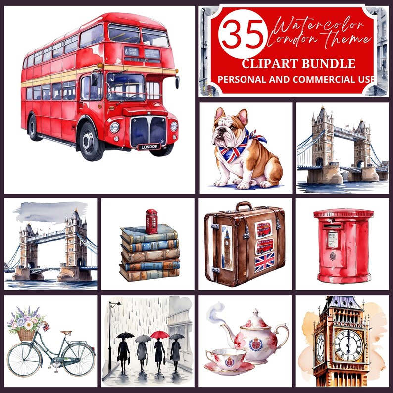Watercolor London Clipart Bundle, Travel London Illustration, London ...