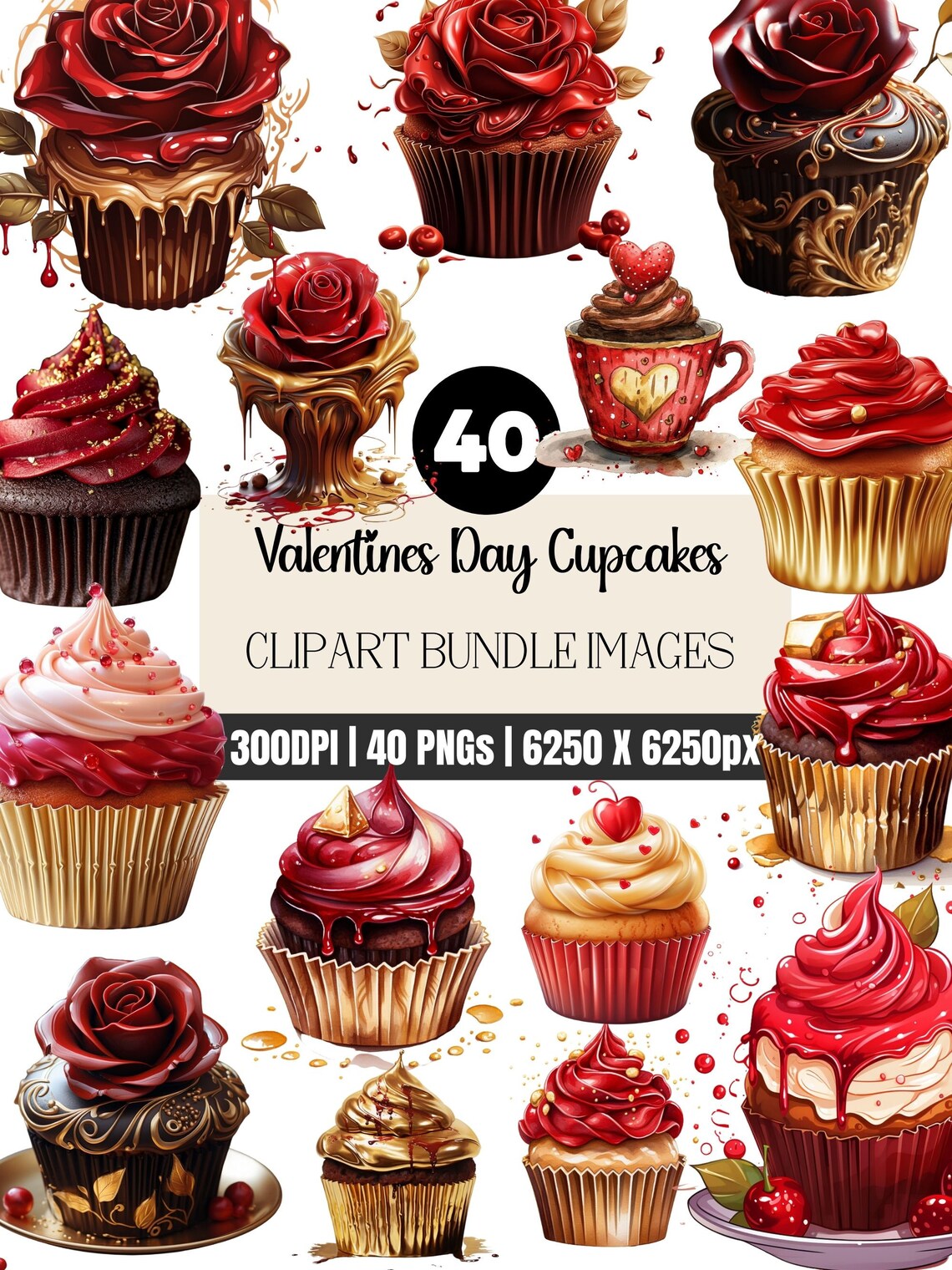 Valentines Day PNG, Clipart Bundle, Gold & Red Cupcake Illustration ...