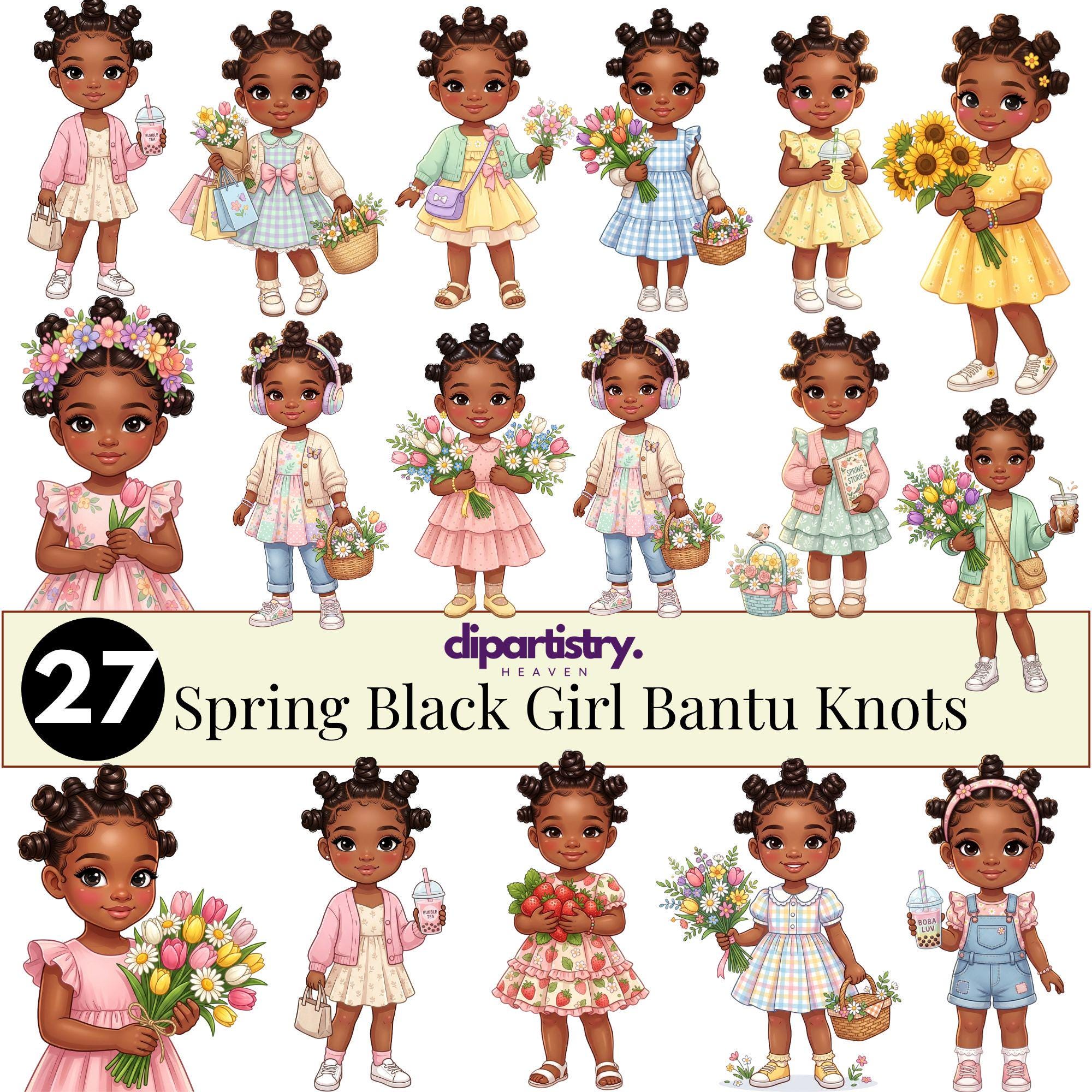 Spring Black Girl Bantu Knots Clipart Bundle Cute Melanin Girl Spring ...