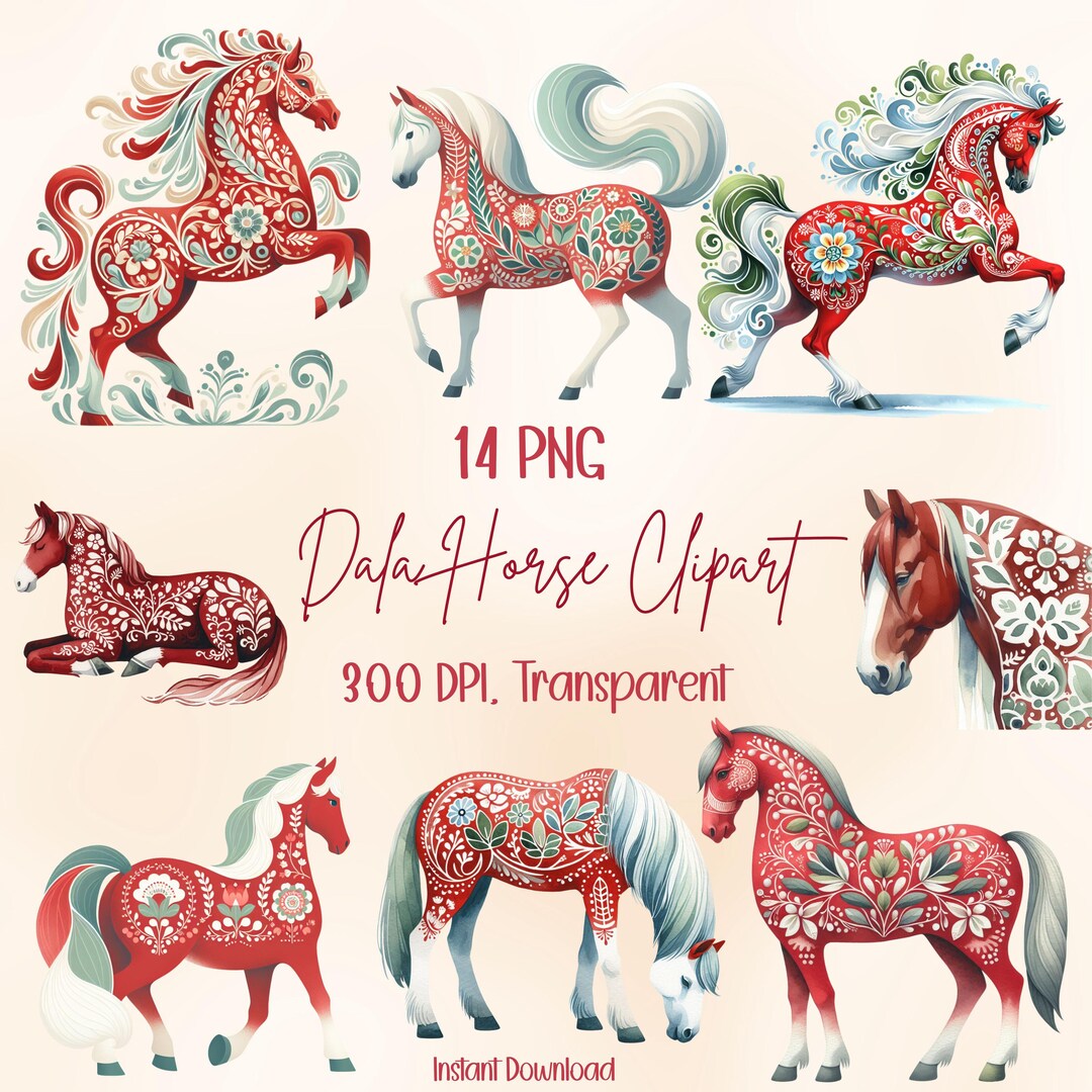 Watercolor Dala Horse Clipart: Scandinavian Folk Art (PNG Digital ...