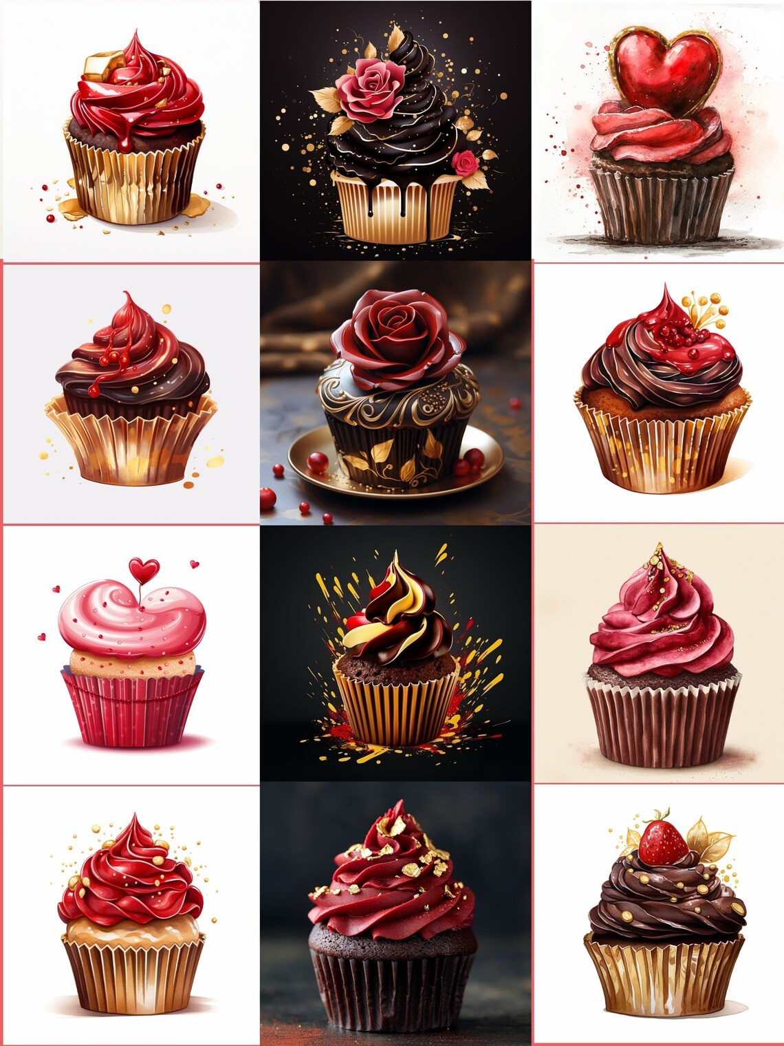 Valentines Day PNG, Clipart Bundle, Gold & Red Cupcake Illustration ...