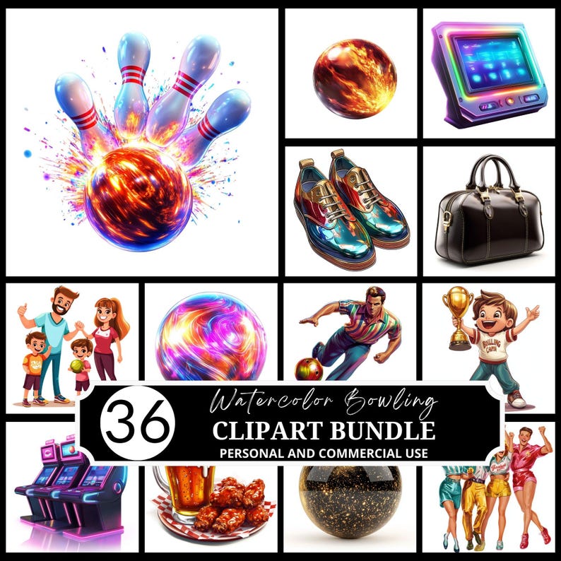 Retro Bowling Watercolor Bowling Clipart Bowling Ball and Pins PNG ...