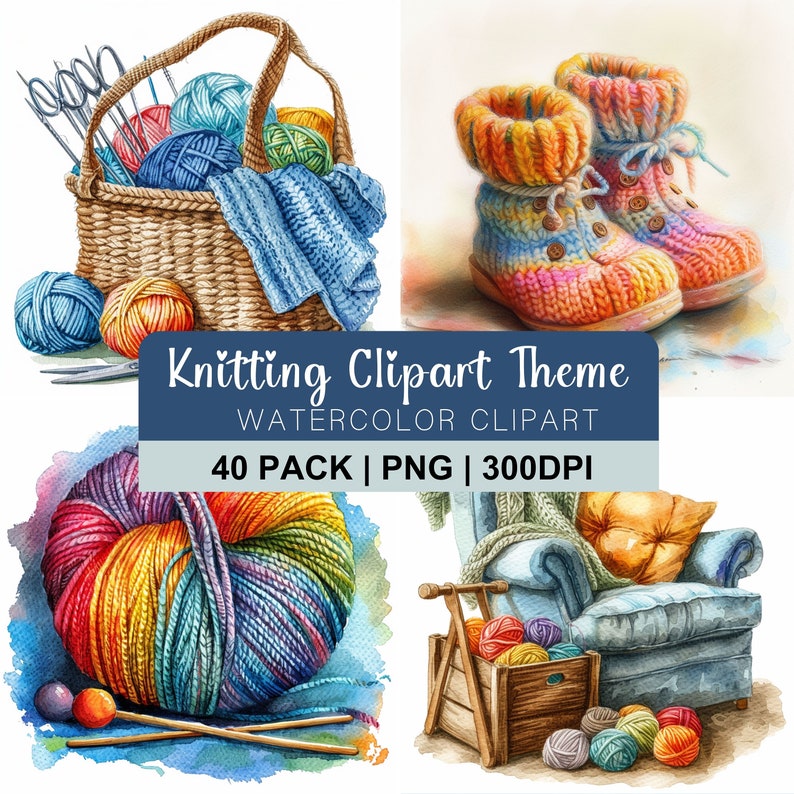 Watercolor Knitting Clipart: Printable Knit Pngs, Crochet Art, Yarn ...