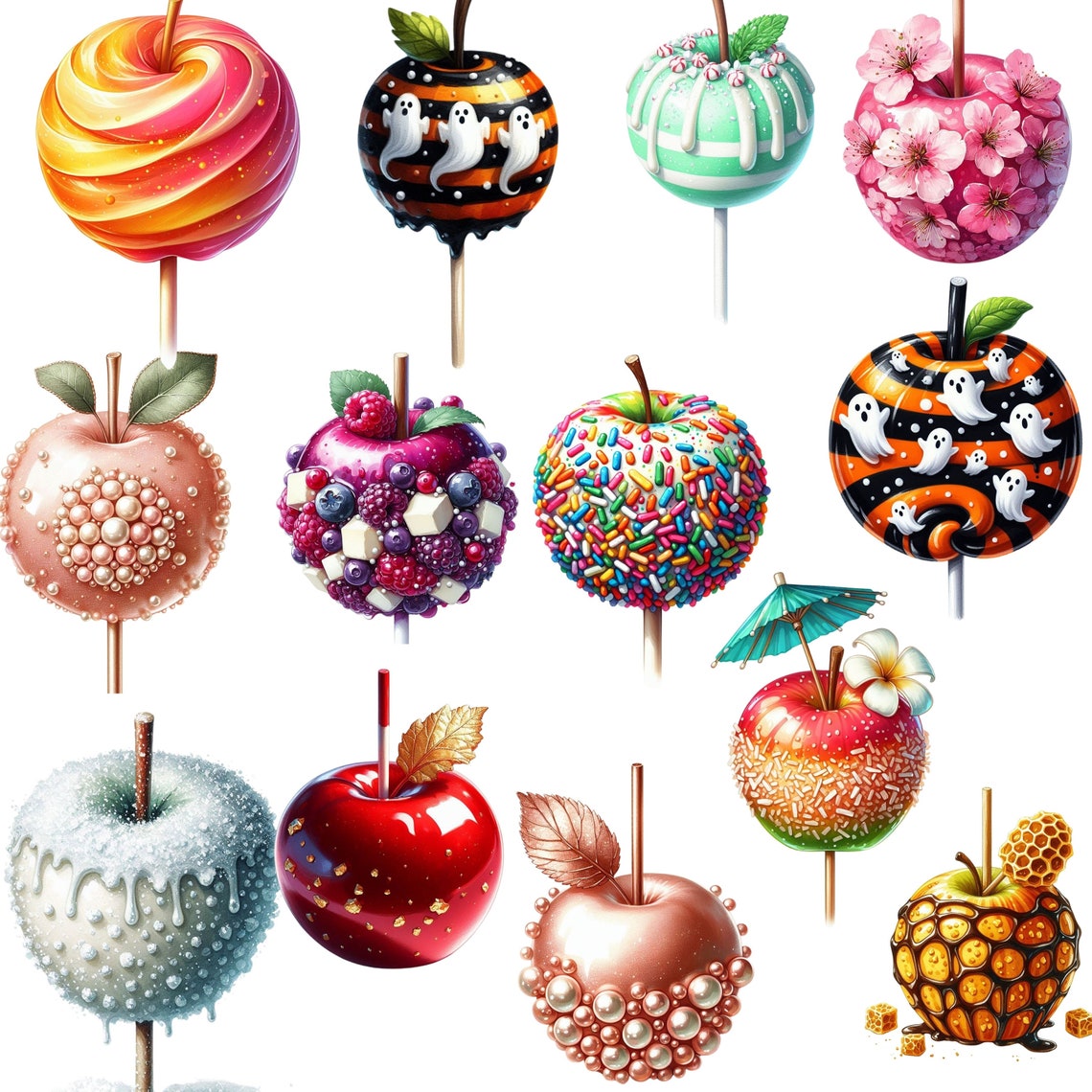 25 Watercolor Candy Apple Clipart Bundle - PNG Dessert Graphics for ...
