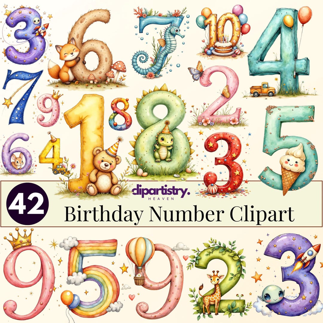 Birthday Number Clipart Bundle | 42 Cute Number Pngs | Kids Birthday ...