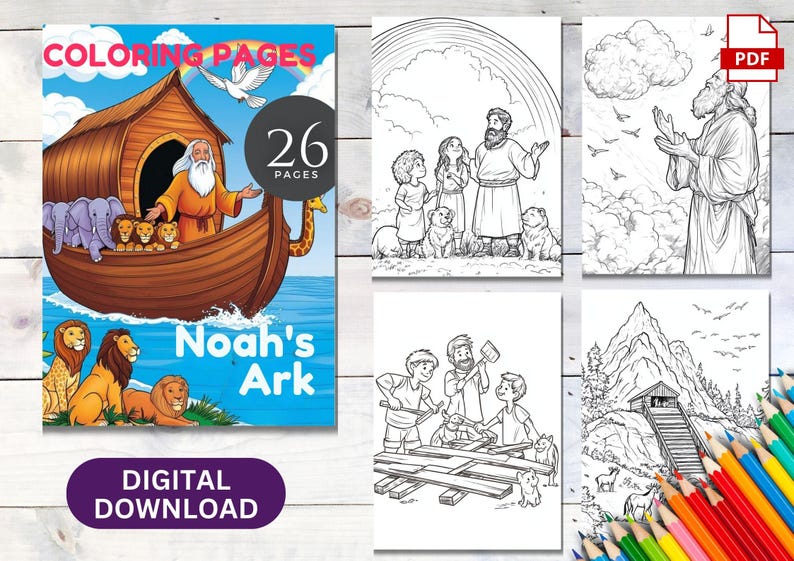 Coloring Page Printable Kids, Noah’s Ark Bible Coloring Pages, Digital ...