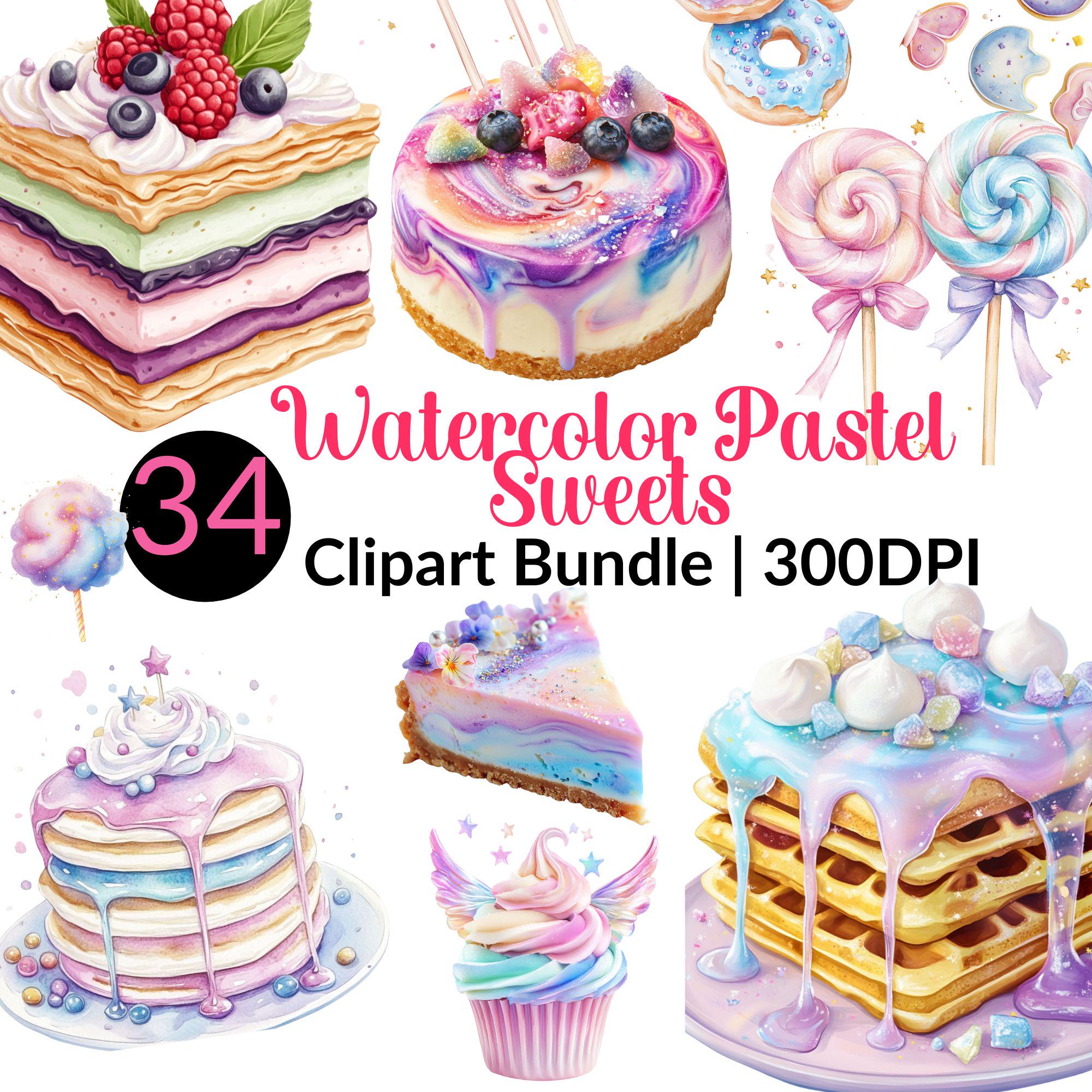 Watercolor Pastel Sweets Clipart, Cute Dessert PNG Bundle, Donut ...
