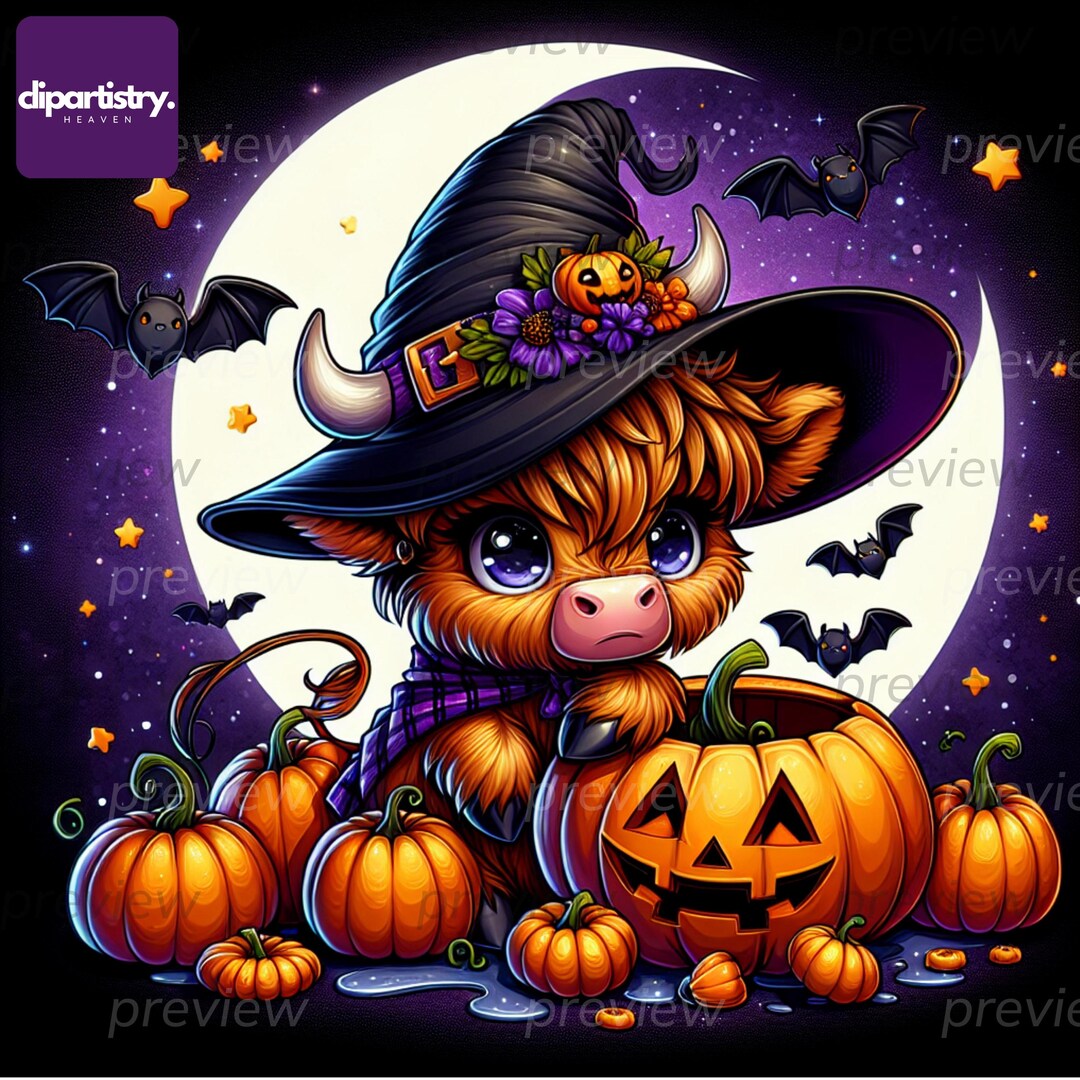 Cute Halloween Cow With Witch Hat and Pumpkins Clipart Spooky Kawaii ...