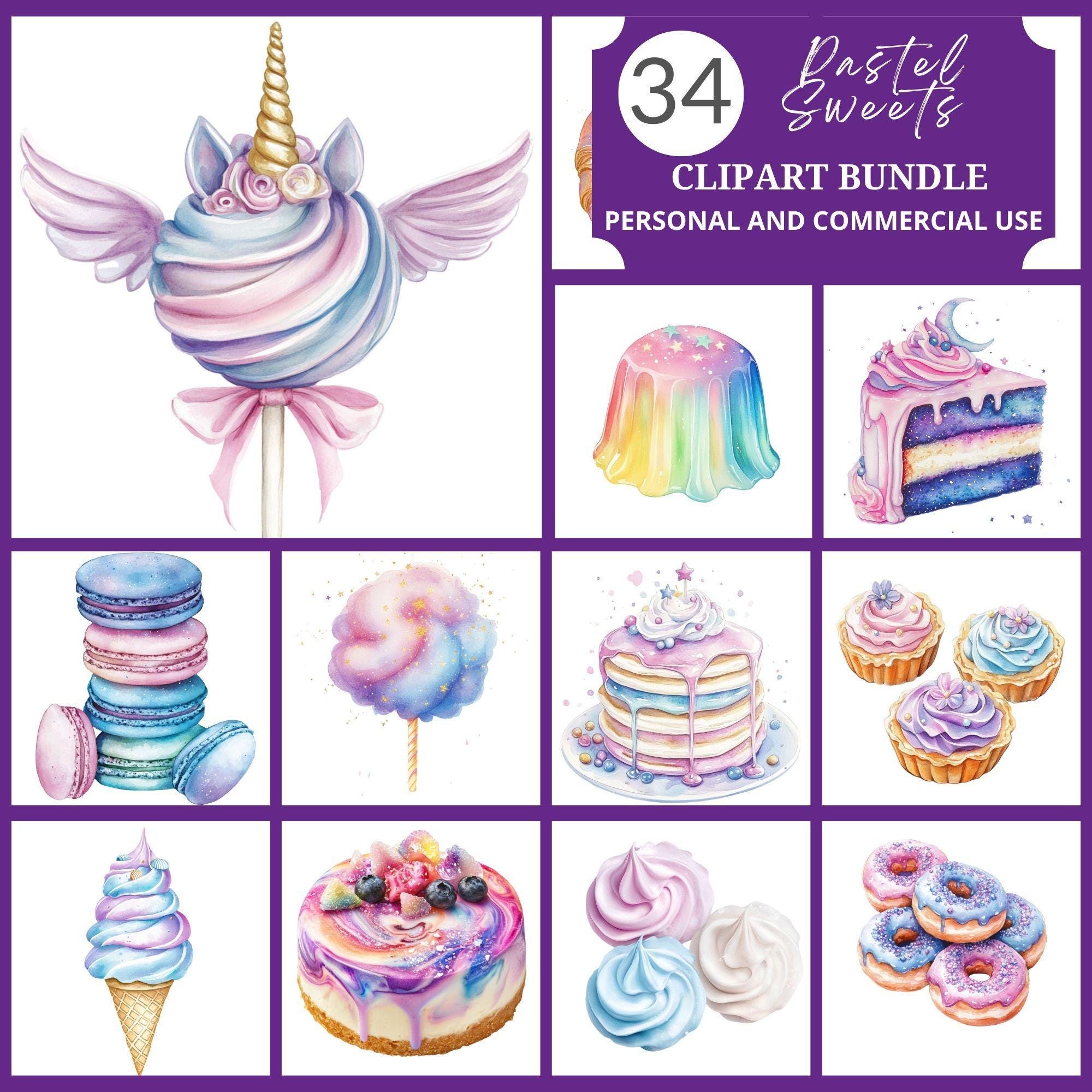 Watercolor Pastel Sweets Clipart, Cute Dessert PNG Bundle, Donut ...