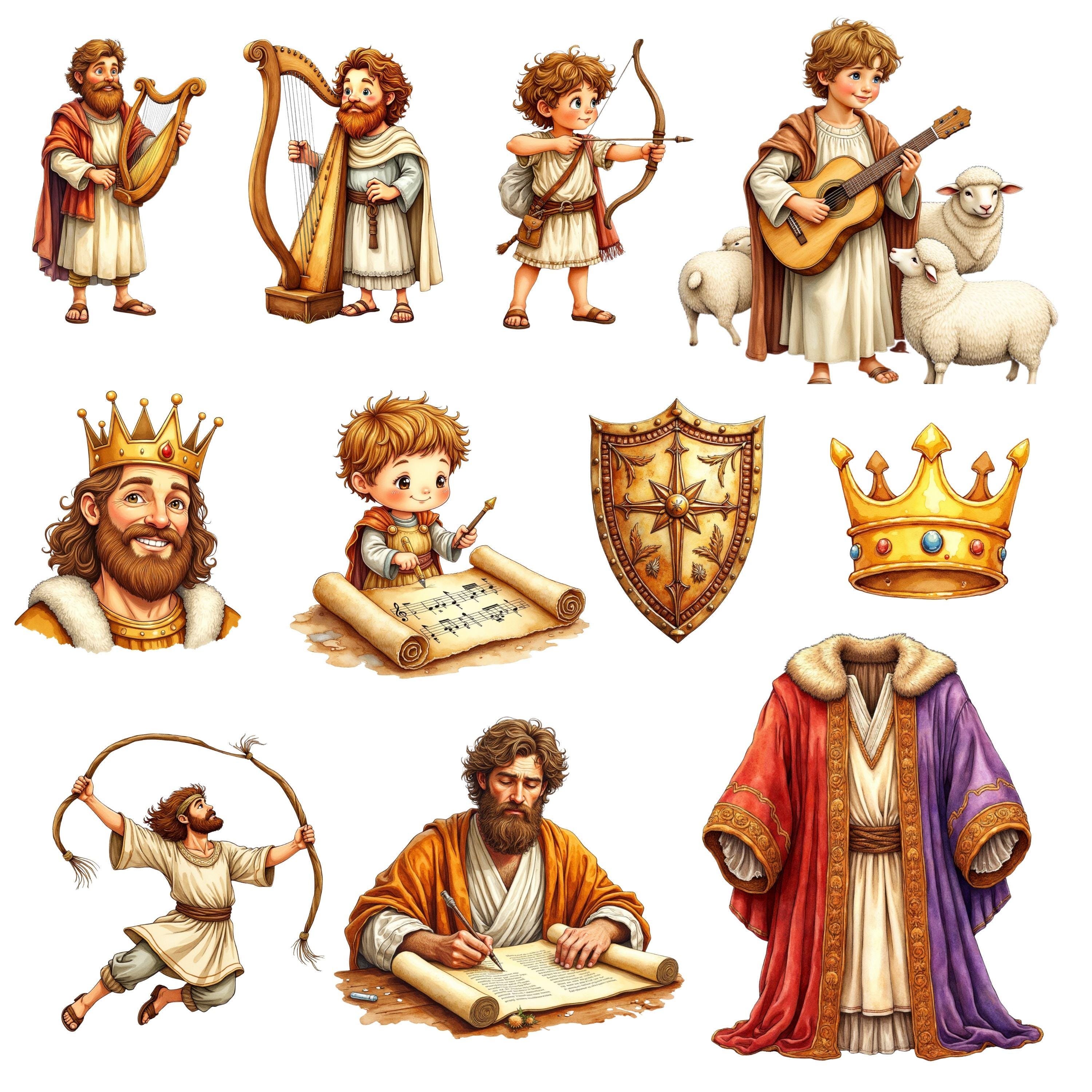 King David Clipart Bundle 33 PNG: Harps, Gold Crowns, Shepherd Scenes ...