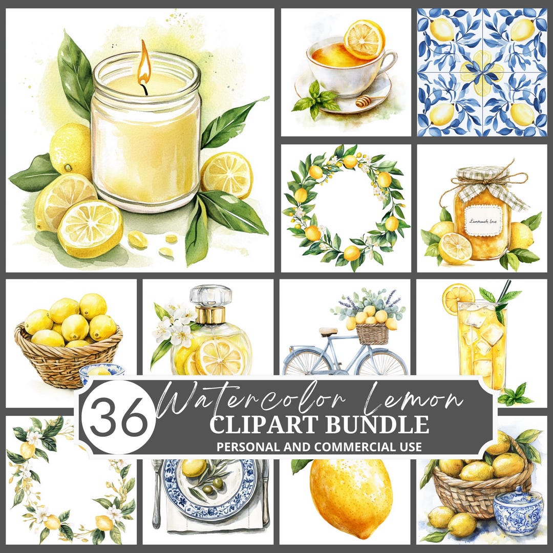 Watercolor Lemon Clipart Bundle: Citrus Wreath, Blossom PNG (digital ...