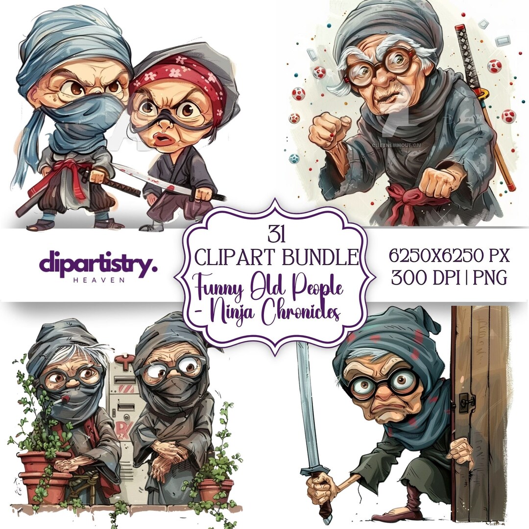 Whimsical Ninjas Clipart Bundle, Quirky Granny & Grandy Pngs, Funny Old ...