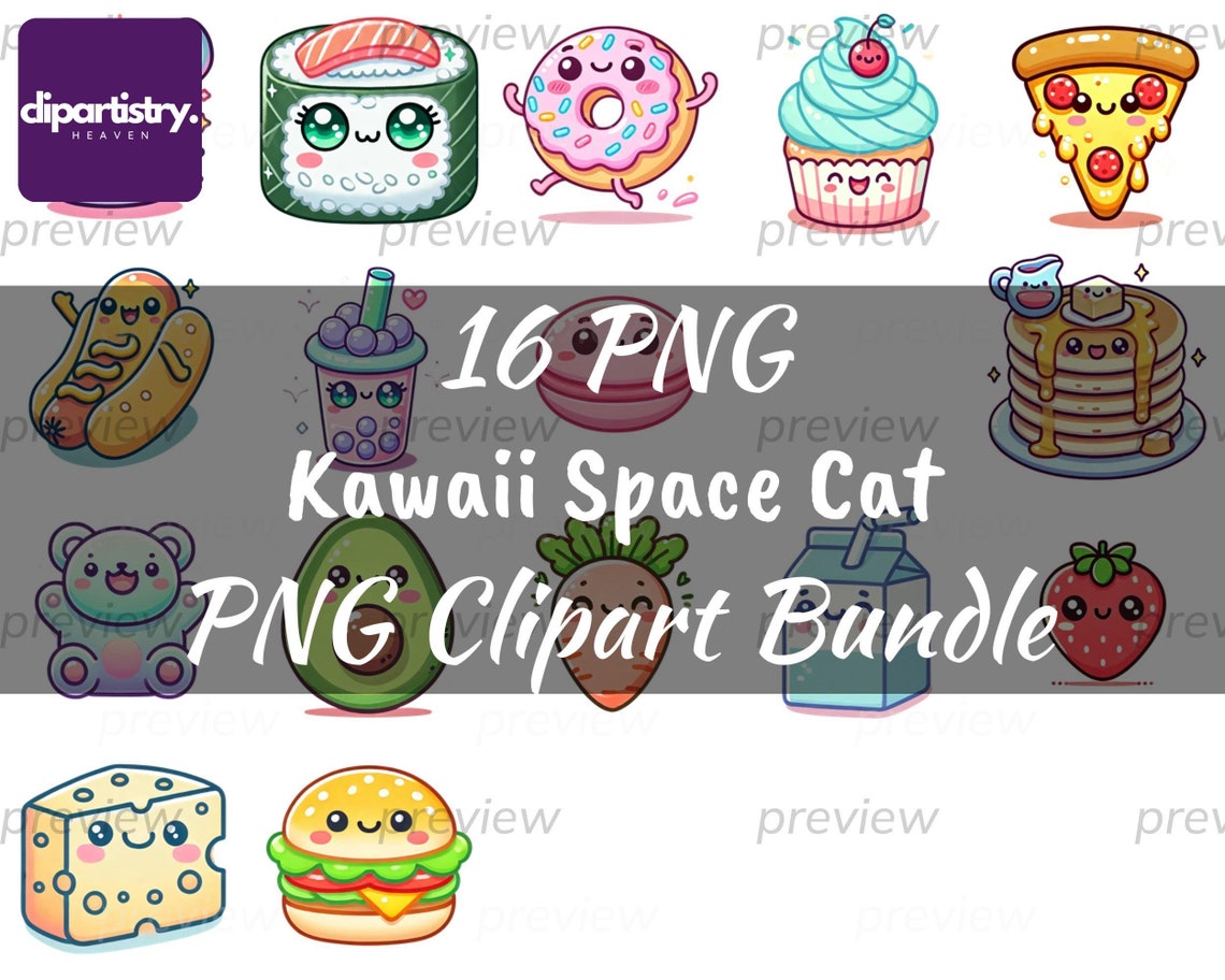 Kawaii Cute Food Clipart Set 16 PNG Files, 300 DPI, Transparent ...