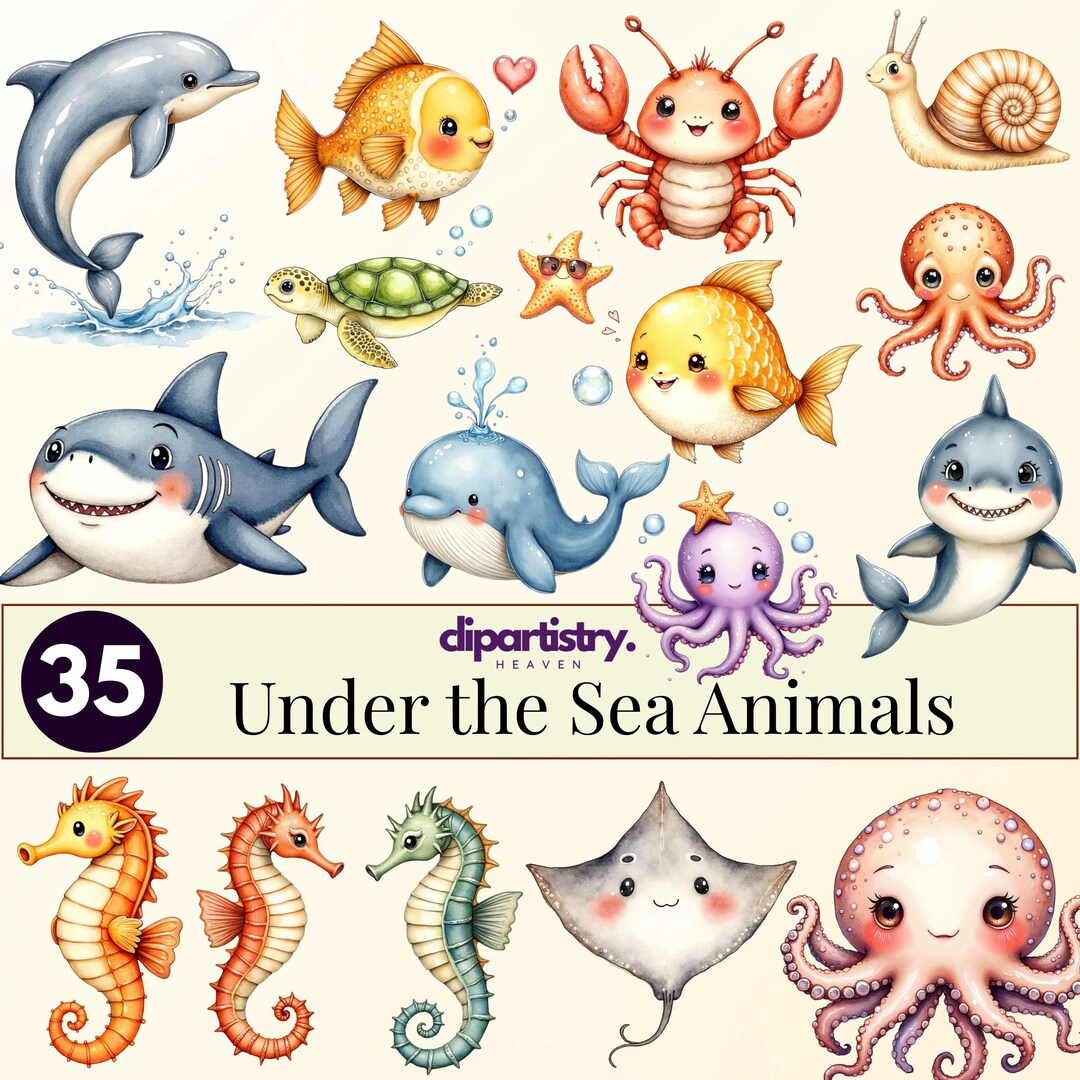 Under the Sea Animals Clipart Bundle | 35 Cute Ocean Animal Pngs | Kids ...
