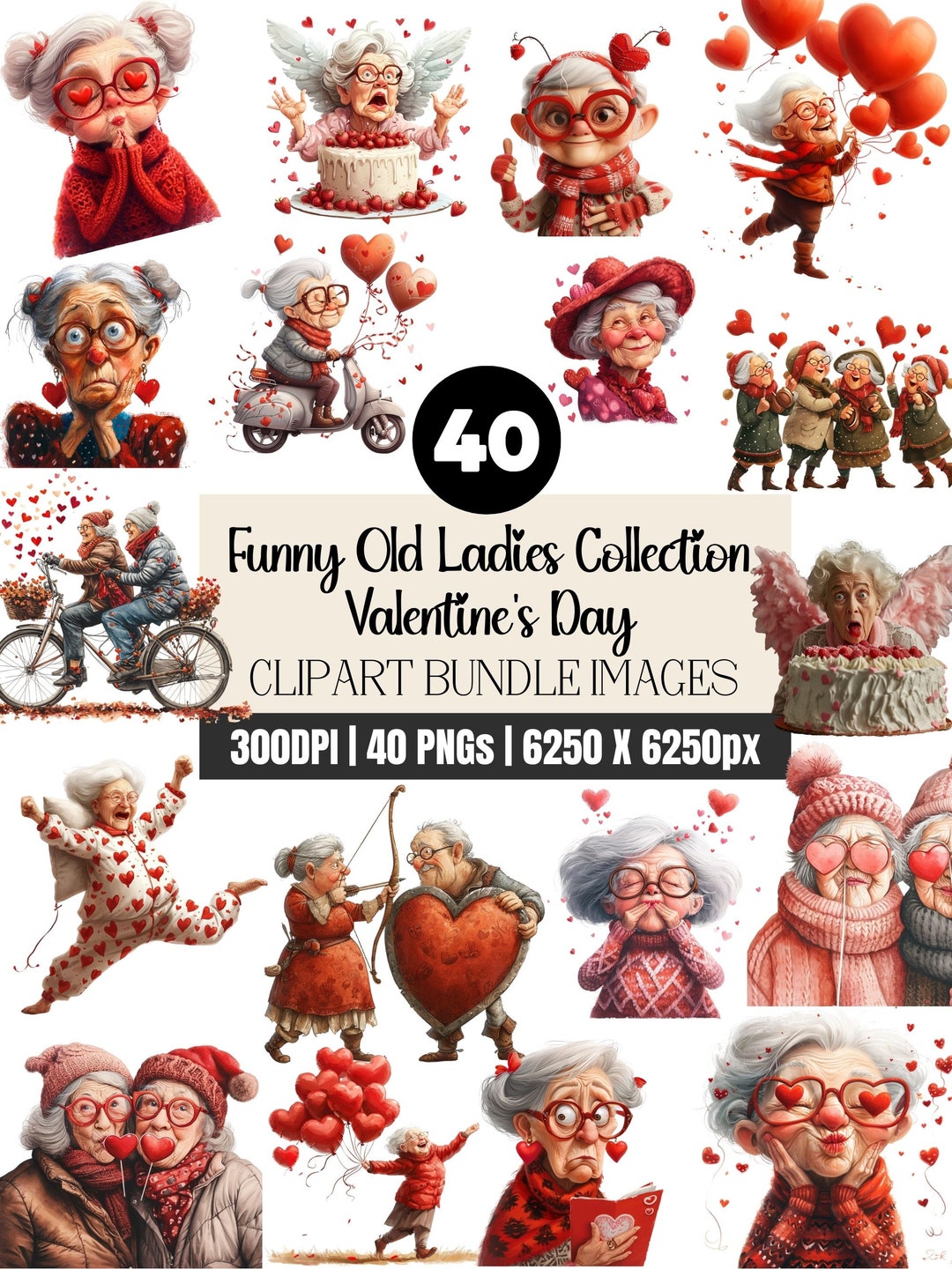 Funny Old Ladies Clipart for Valentine's Day: Whimsical Granny PNG ...