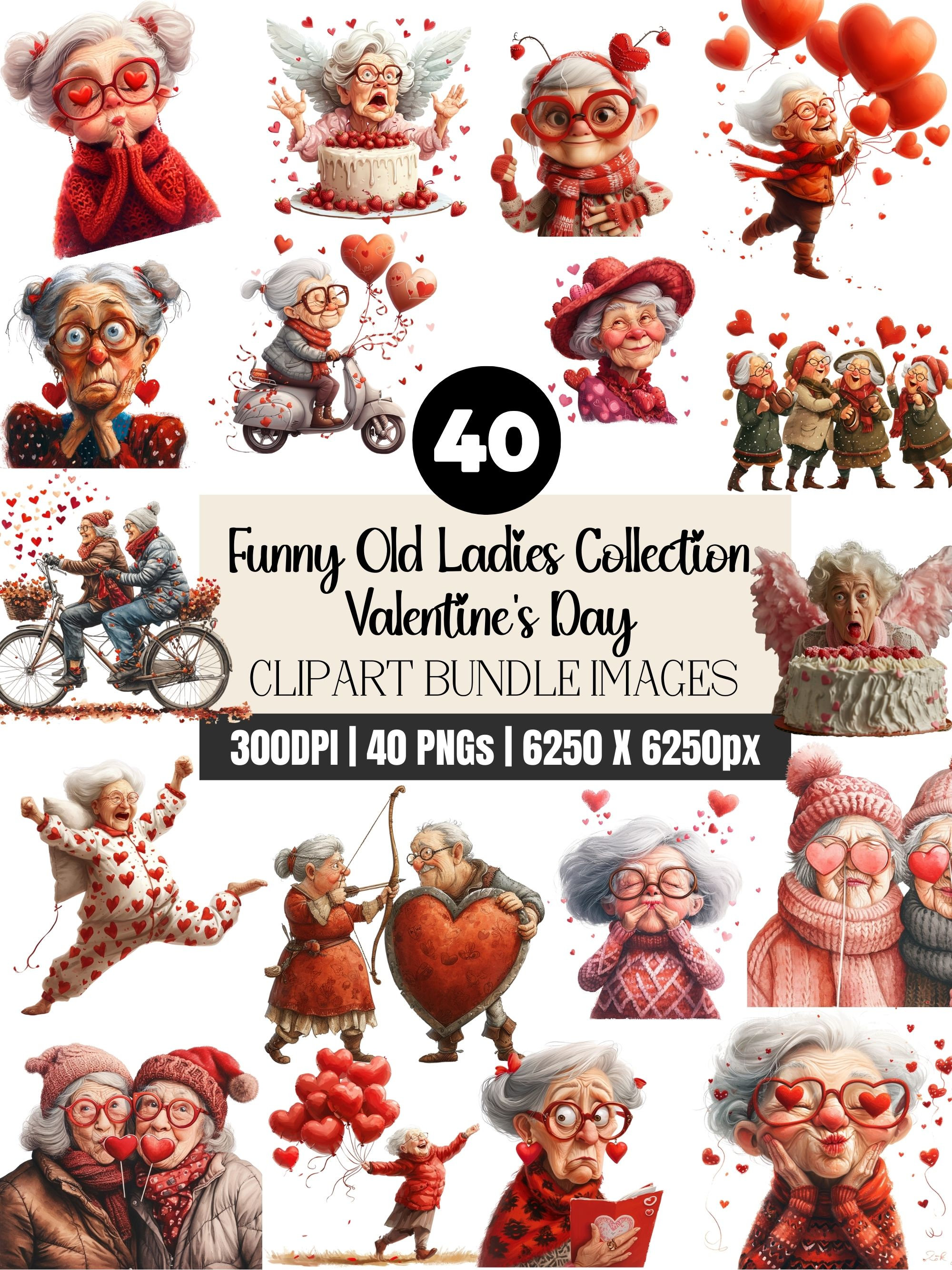 Funny Old Ladies Clipart for Valentine's Day: Whimsical Granny PNG ...