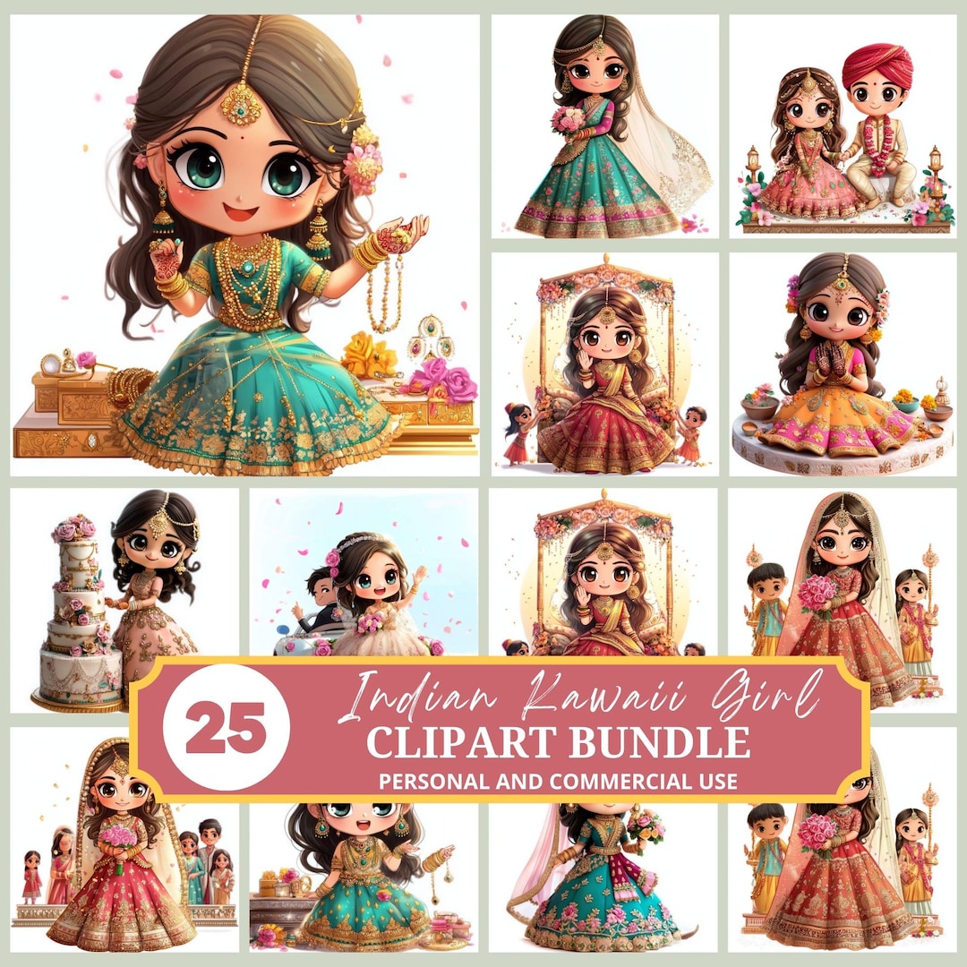 Indian Wedding Clipart: Kawaii Chibi Bride & Groom Illustrations ...
