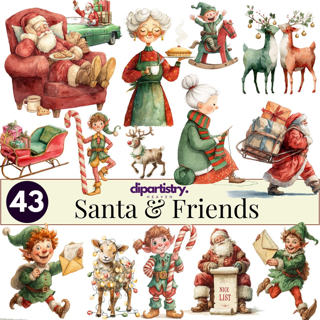 Santa & Friends Clipart Bundle: 43 PNG Watercolor Christmas ...