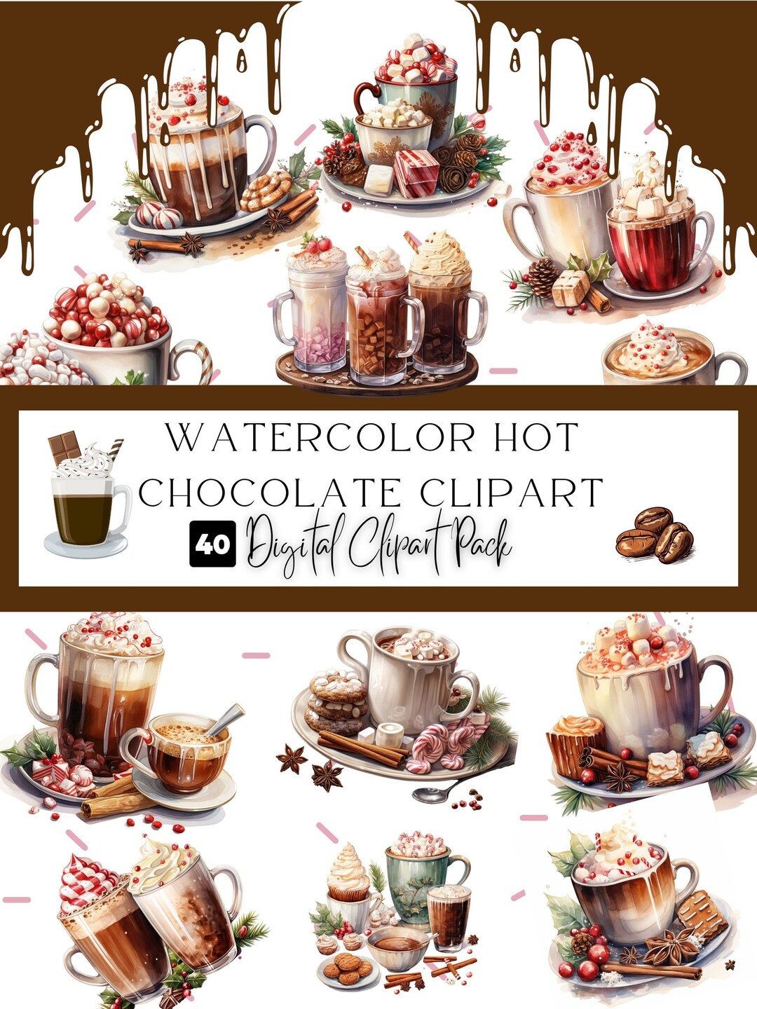 Watercolor Hot Chocolate Clipart, 40 PNG Hot Chocolate Clipart Digital ...