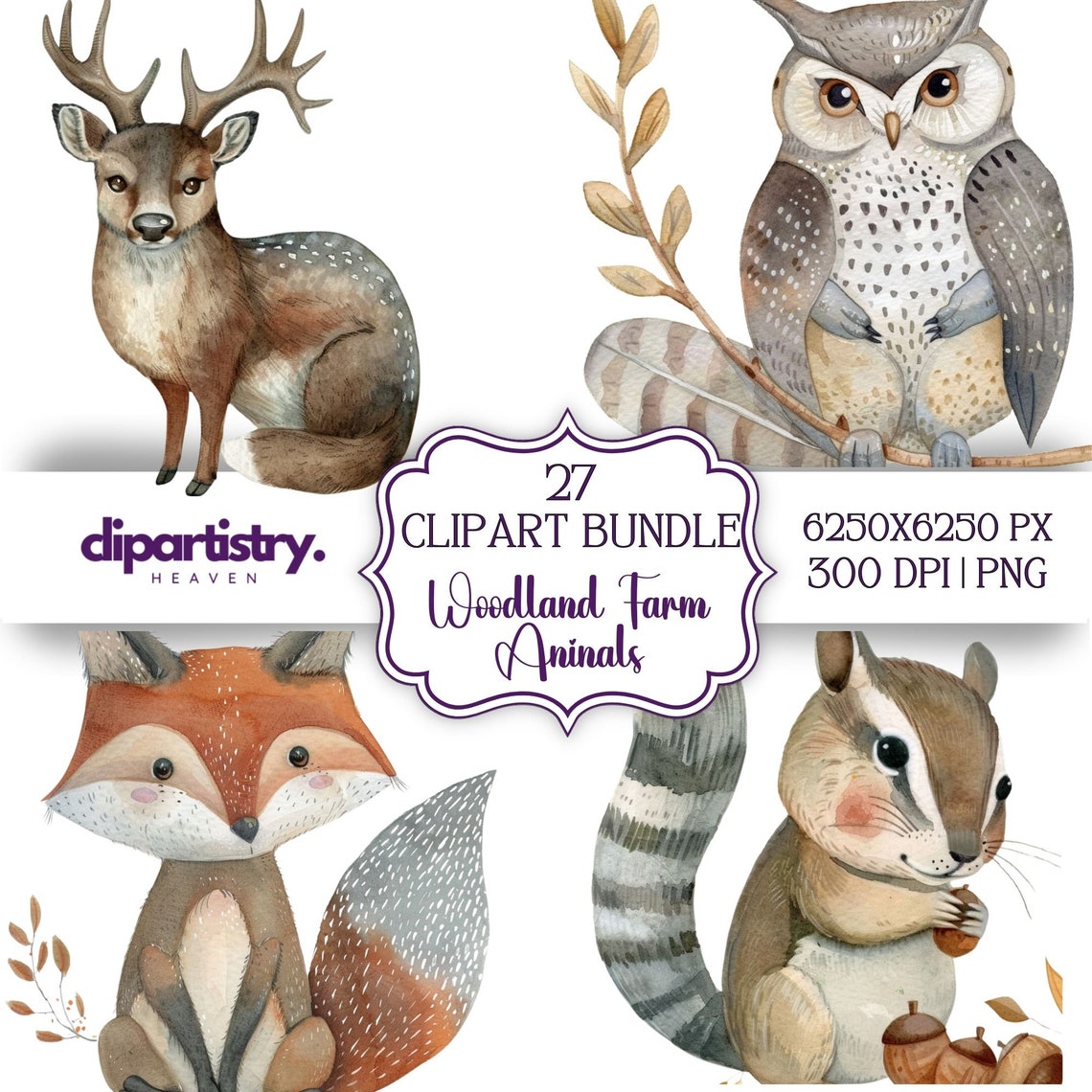 Woodland Animals Clipart, Watercolor Fox Bear Deer Owl Bunny Skunk ...