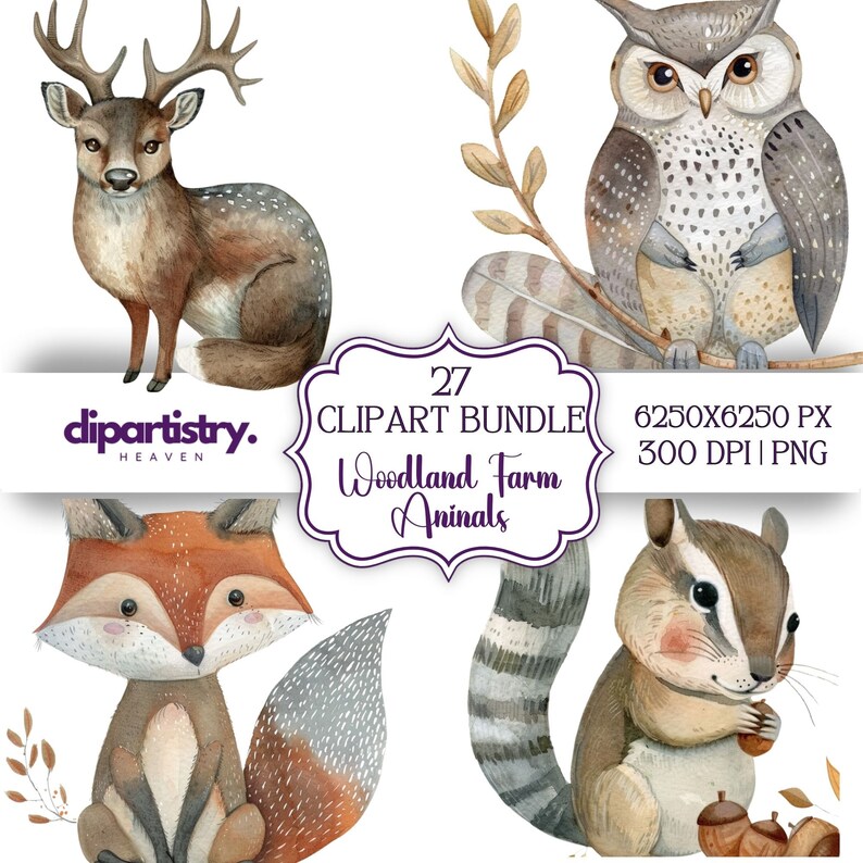 Woodland Animals Clipart, Watercolor Fox Bear Deer Owl Bunny Skunk ...