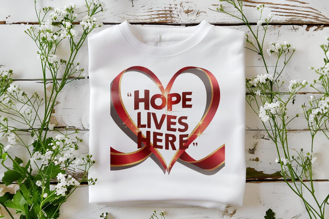 Hope Lives Here Krebsbewusstsein Herz T-Shirt Design mit rotem Band und ...