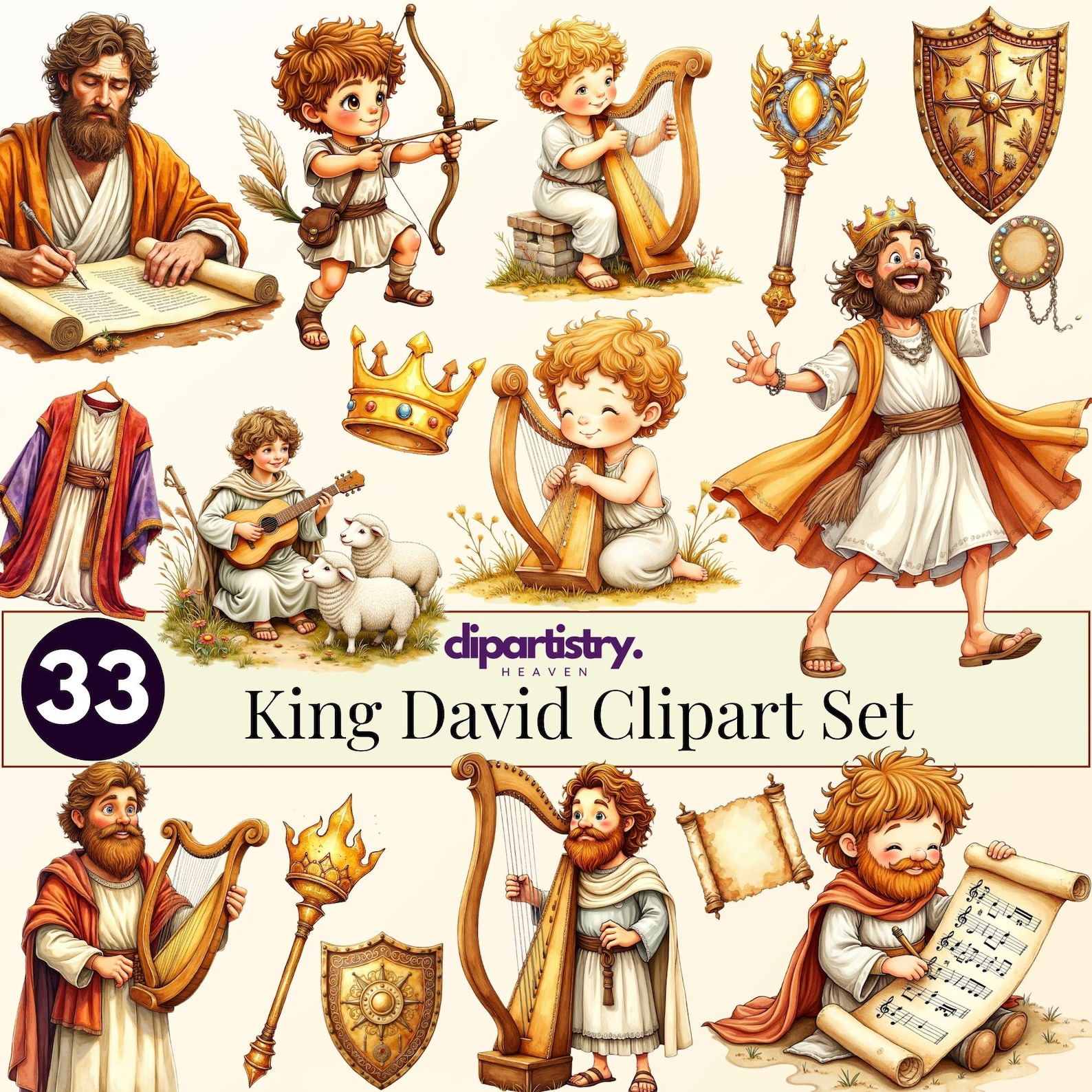 King David Clipart Bundle 33 PNG: Harps, Gold Crowns, Shepherd Scenes ...
